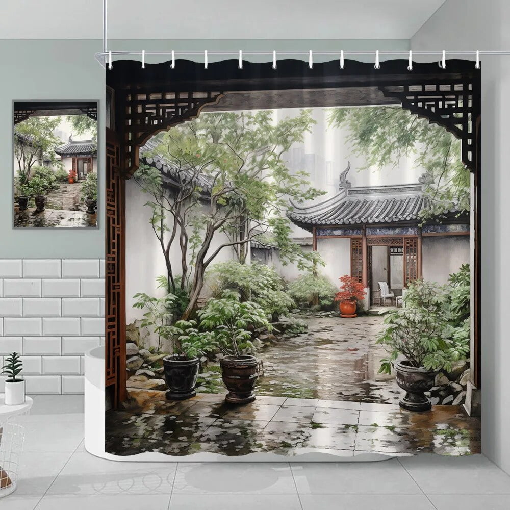 Chinese Garden Shower Curtain Asian Traditional Architectural Landscape