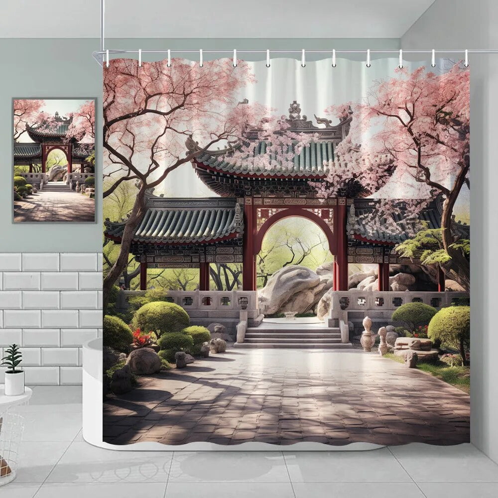 Chinese Garden Shower Curtain Asian Traditional Architectural Landscape