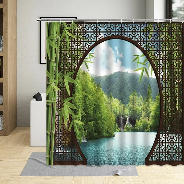Chinese Garden Shower Curtain Asian Traditional Architectural Landscape