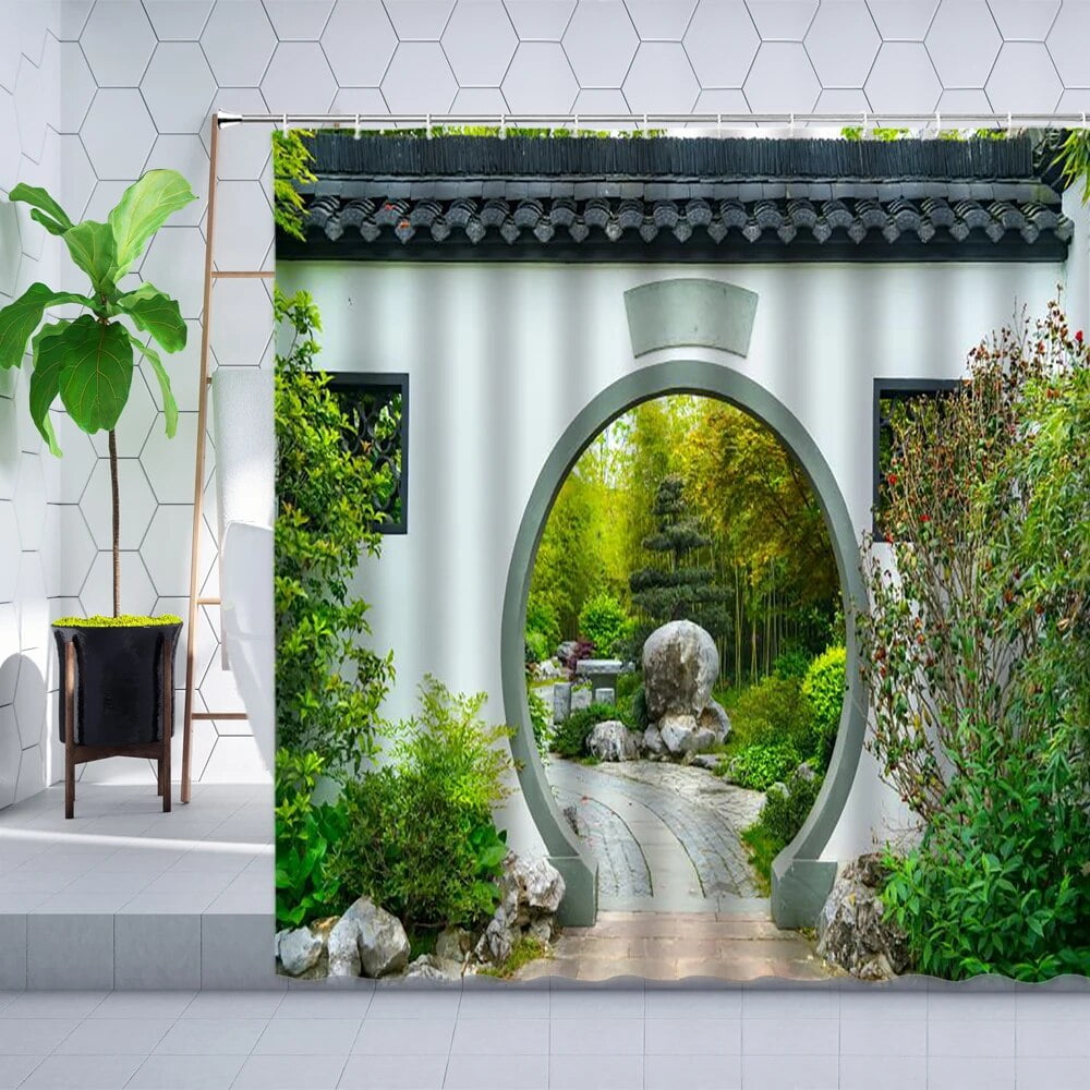 Chinese Garden Shower Curtain Asian Traditional Architectural Landscape