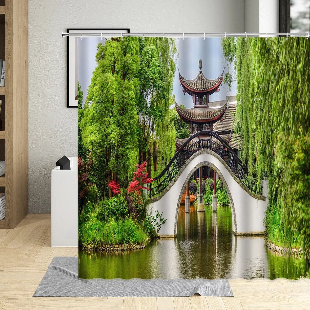 Chinese Garden Shower Curtain Asian Traditional Architectural Landscape