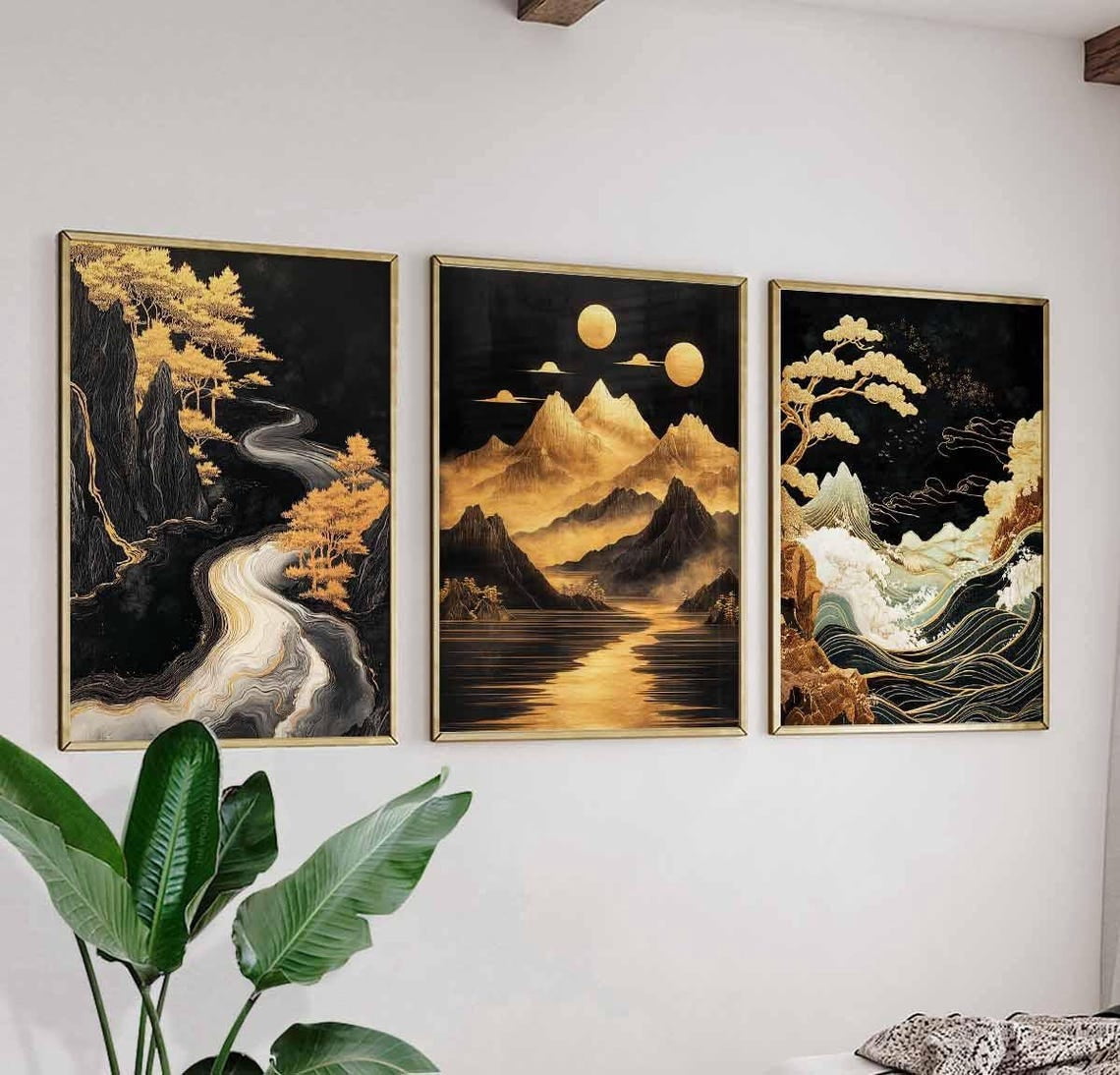 Chinese Gold Black Mountain Traditional River Moon Elegant Nature Asian ...