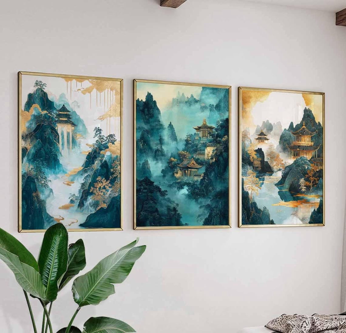 Chinese Gold Teal Mountain Landscape Tranquil Waterfall Temple Elegant ...