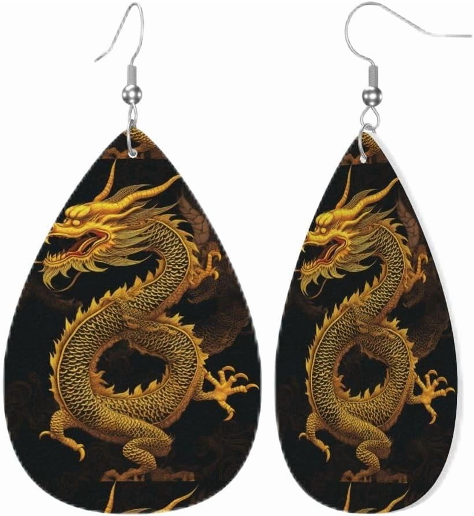 Chinese Golden Yellow Dragon Leather Earrings, Light And Bright Colors ...