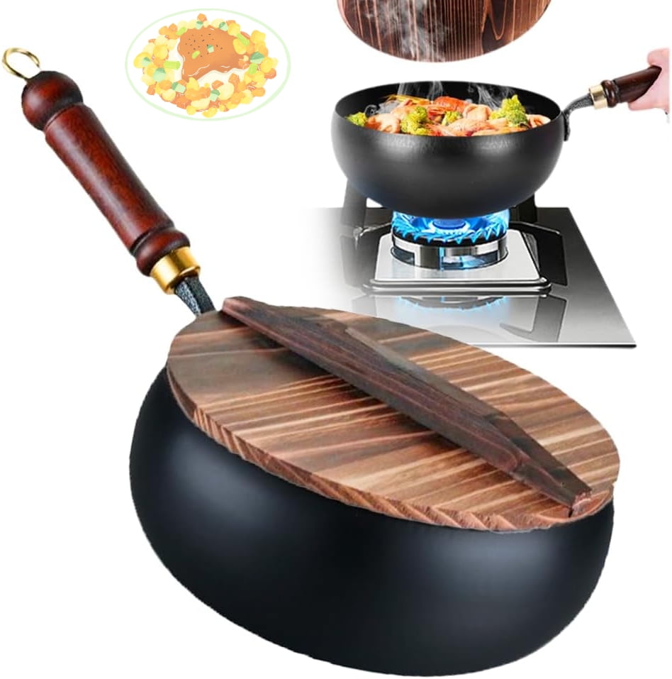 Chinese Handmade Iron Wok with Lid 2025 New 4.5L/4.76qt Deep Round ...