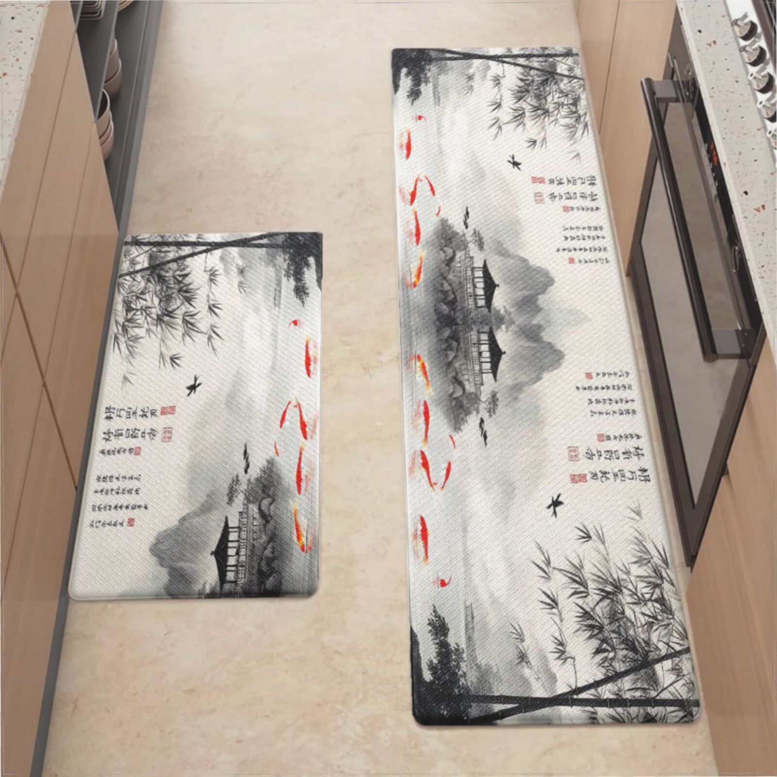 Chinese Ink Bamboo Semi Blackout Printed 1 Kitchen Mat Runner 1 Pieces ...