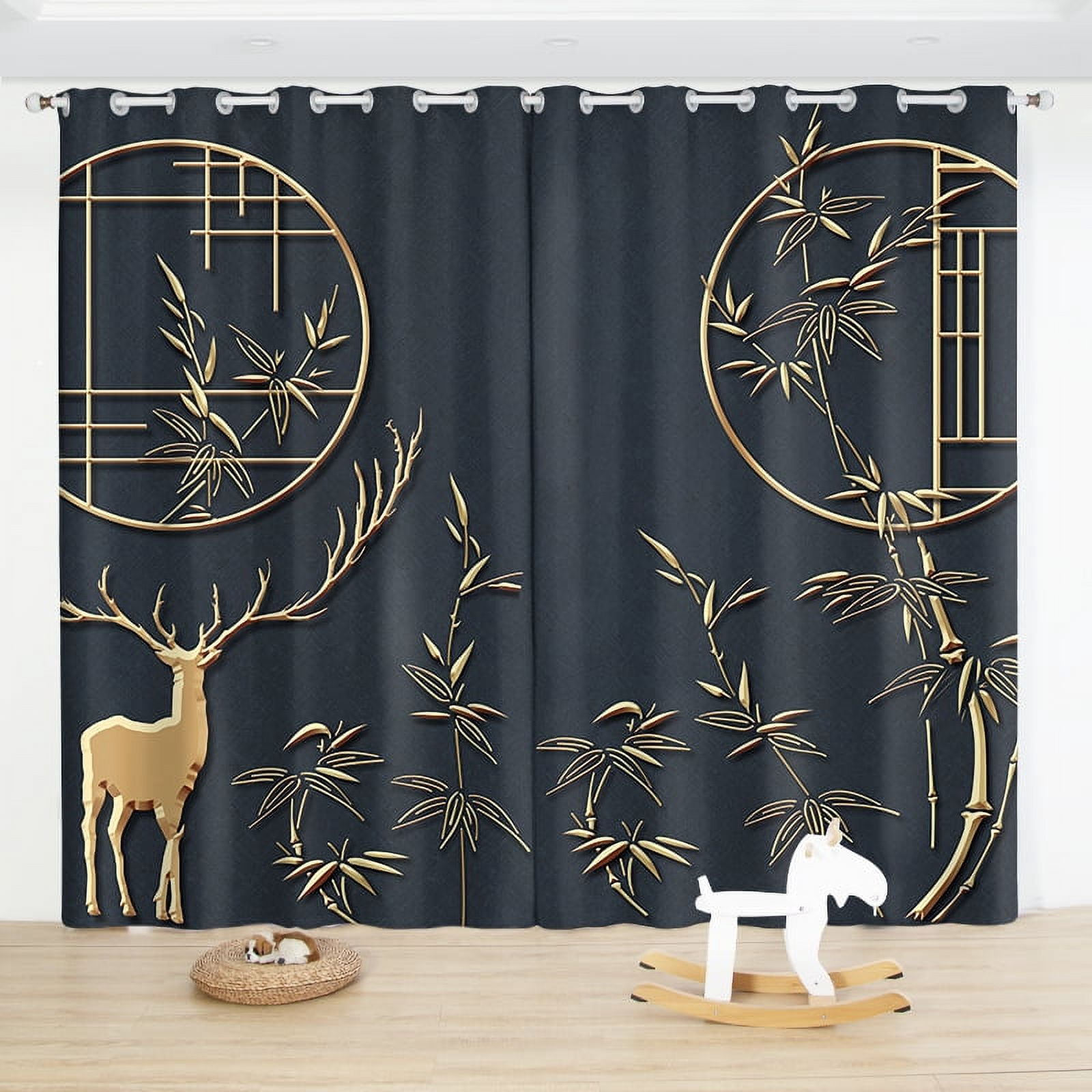 Chinese Ink Bamboo Semi-blackout Printed Curtain Grommet Top Bedroom ...