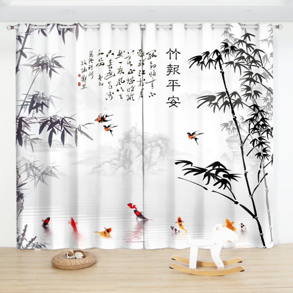 Chinese Ink Bamboo Semi-blackout Printed Curtain Grommet Top Bedroom ...