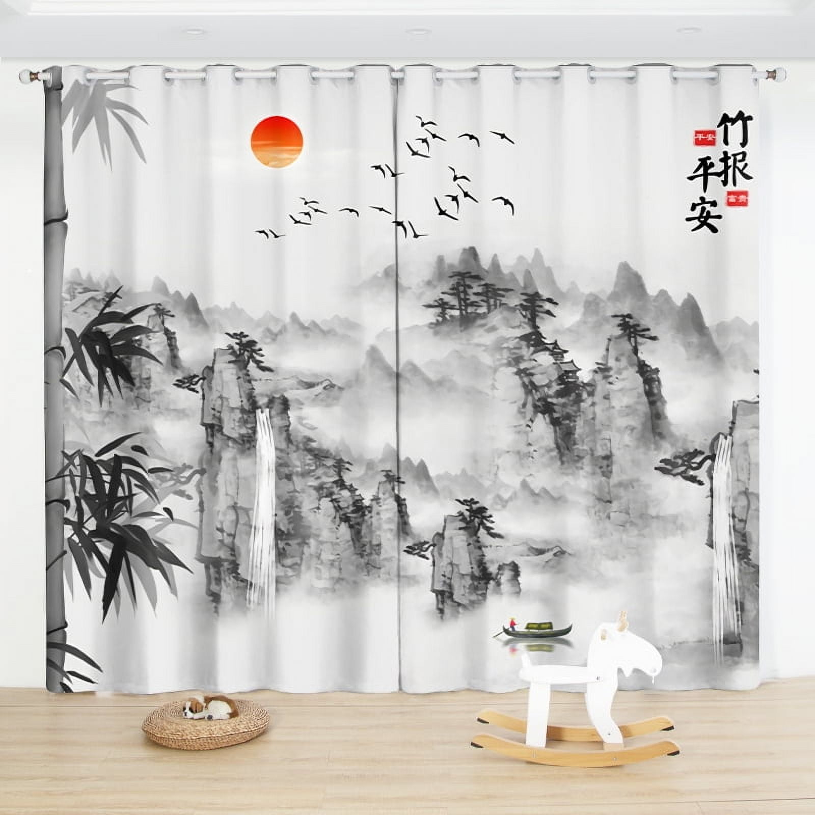 Chinese Ink Bamboo Semi-blackout Printed Curtain Grommet Top Bedroom ...
