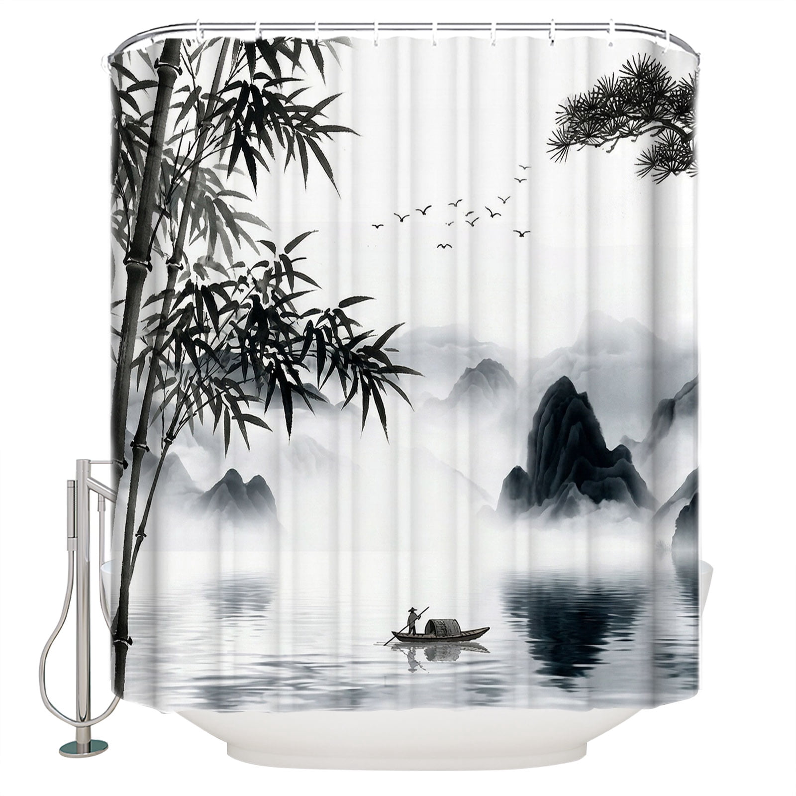 Chinese Ink Bathroom Shower Curtains with 12 Hooks Polyester Waterproof ...