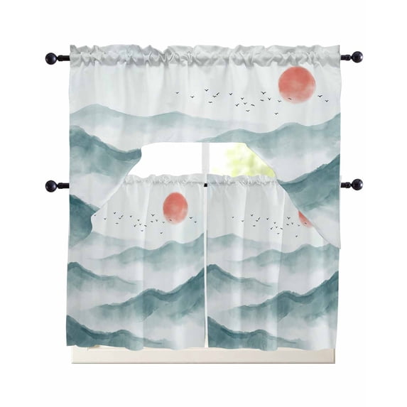 Chinese Ink Kitchen Curtains Sets 36 Inch Length with Valance, Abstract ...
