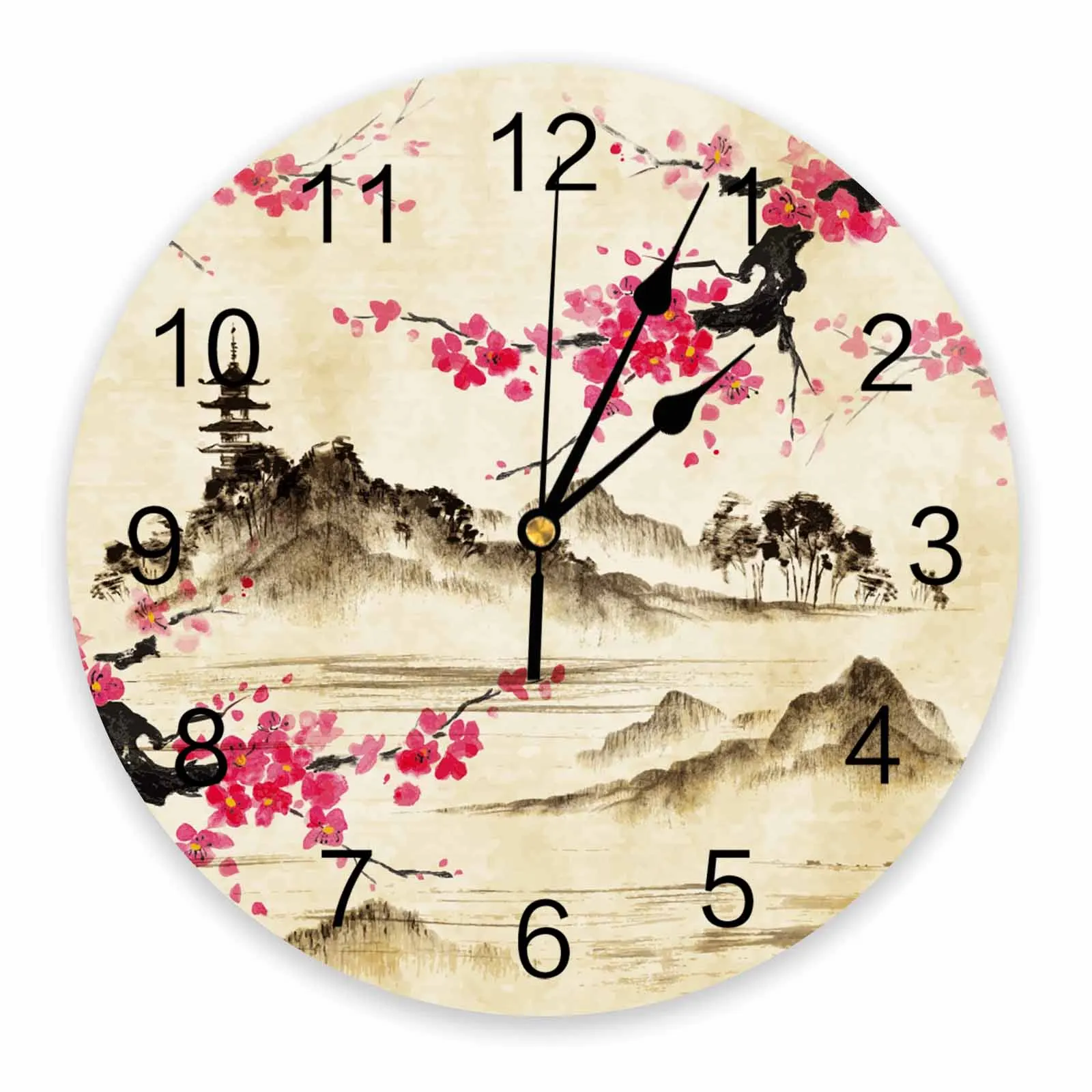 Chinese Ink Landscape Painting Bamboo Round Wall Clock Hanging Silent ...