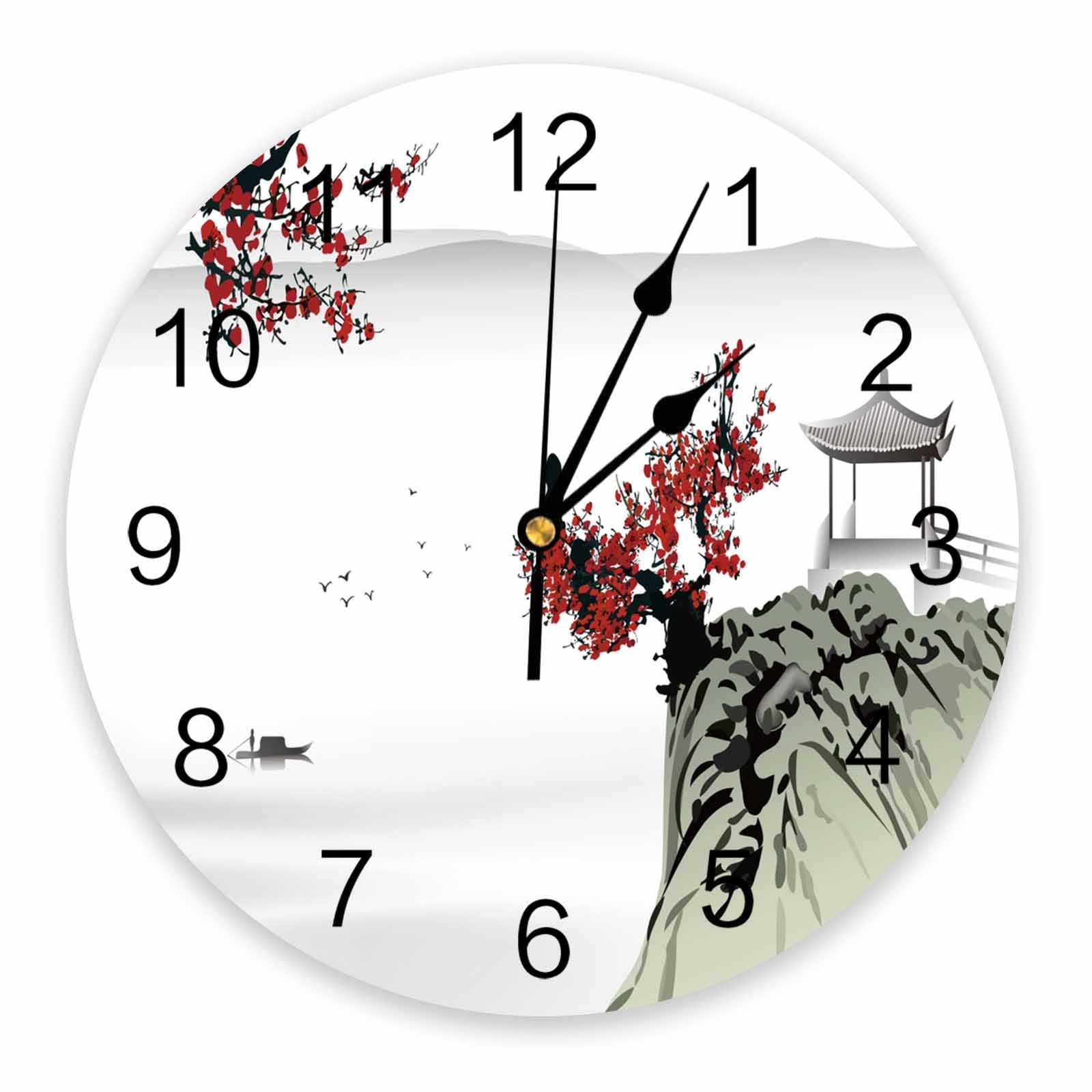 Chinese Ink Landscape Painting Bamboo Round Wall Clock Hanging Silent ...