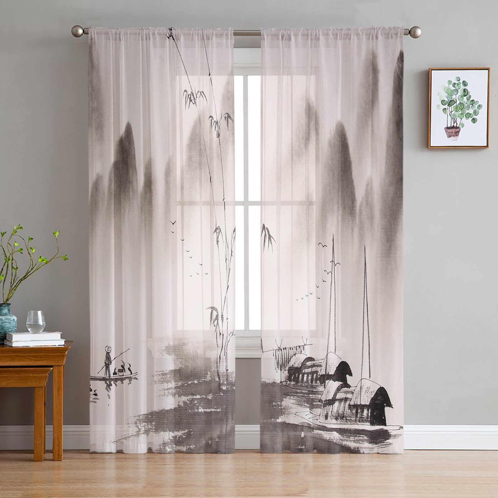 Chinese Ink Landscape Painting Bamboo Sheer Voile Curtains for Bedroom ...