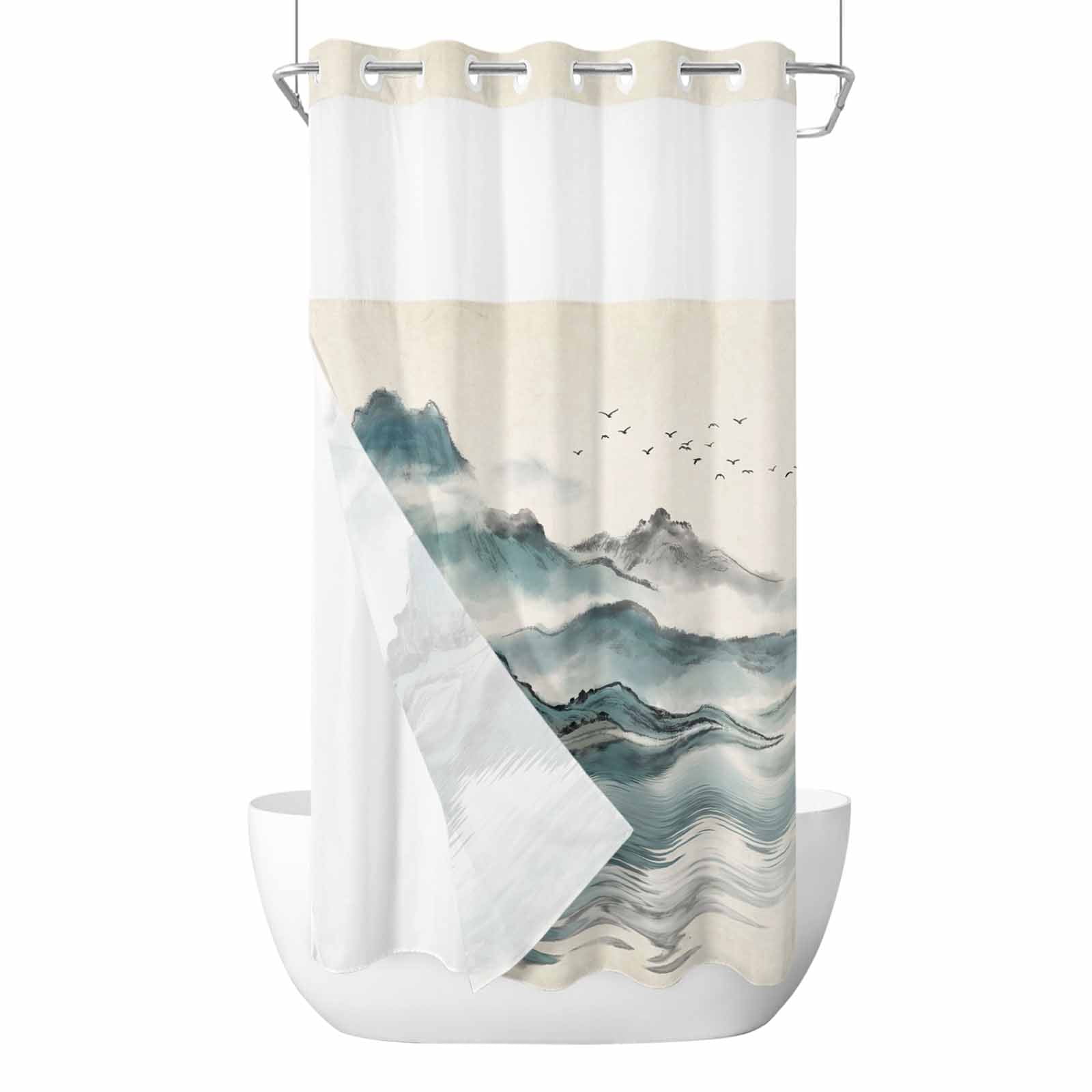 Chinese Ink Mountain No Hook Shower Curtain with Snap in Liner ...