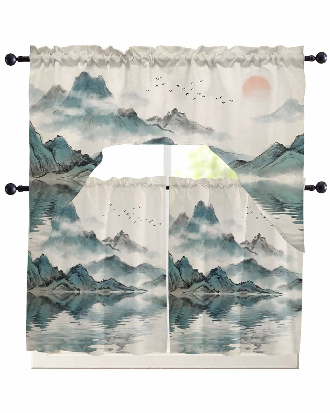 Chinese Ink Mountain Kitchen Curtains Sets 36 Inch Length with Valance ...
