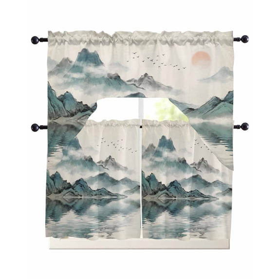 Chinese Ink Mountain Kitchen Curtains Sets 36 Inch Length with Valance ...