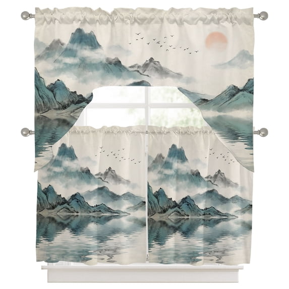 Chinese Ink Mountain Kitchen Curtains Swag Valance and Tier Curtains ...