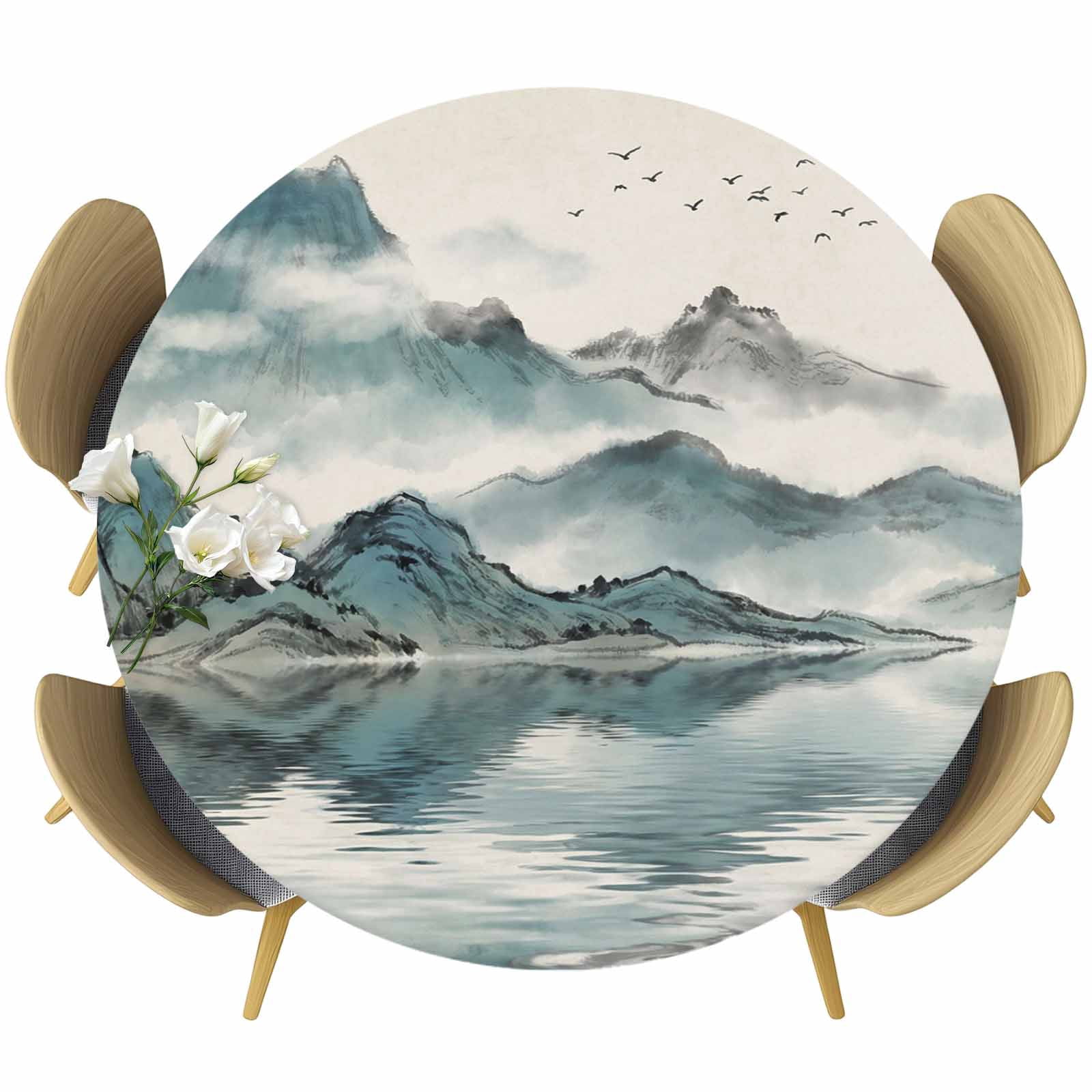 Chinese Ink Mountain Round Tablecloth 55-60 Inch Round Fitted Table ...