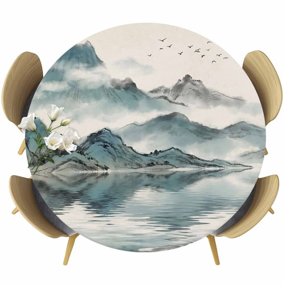 Chinese Ink Mountain Round Tablecloth 55-60 Inch Round Fitted Table ...