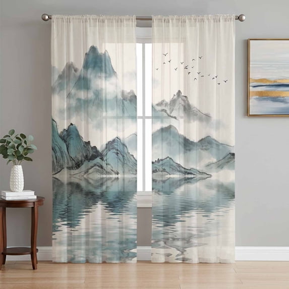Chinese Ink Mountain Sheer Curtains 72 Inch Length 2 Panels Set ...