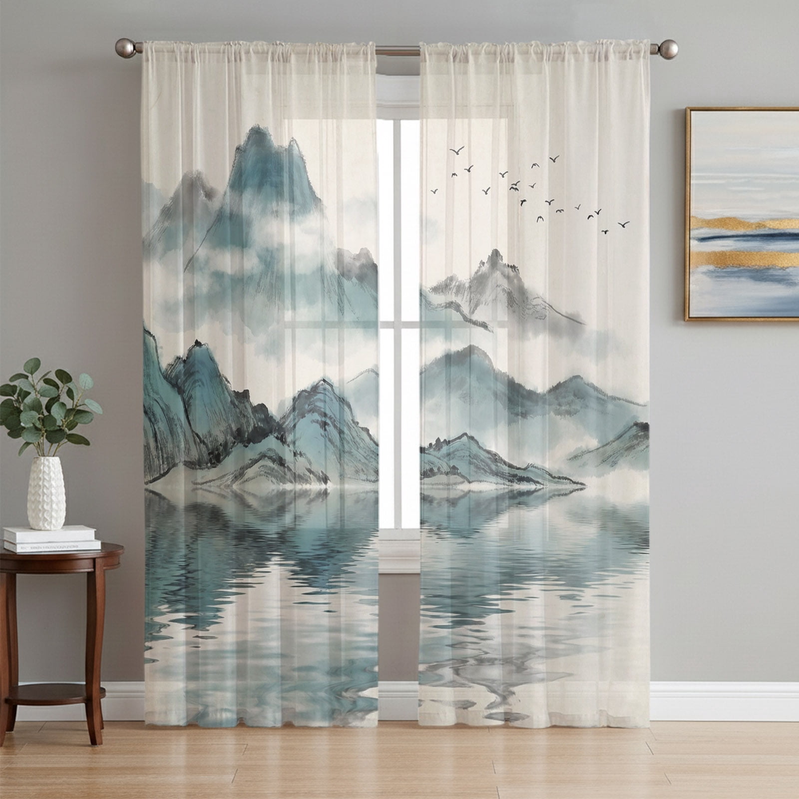 Chinese Ink Mountain Sheer Curtains for Living Room Bedroom Abstract ...
