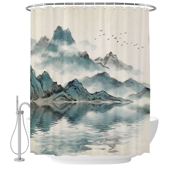 Chinese Ink Mountain Shower Curtain Set - Extra Long 72" x 96" Washable ...