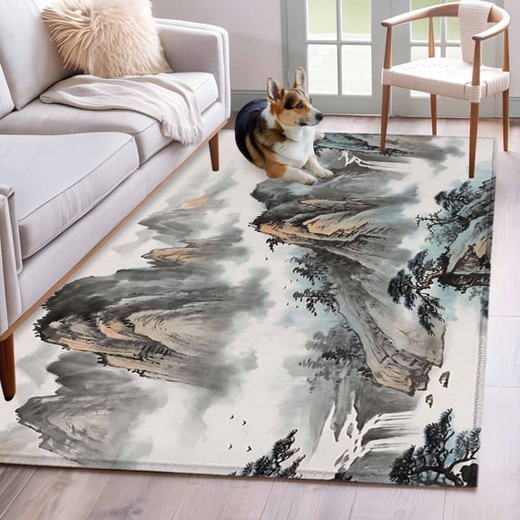 Chinese Ink Painting 3'x5' Washable Rug, Mountain Cloud Modern Art Non ...
