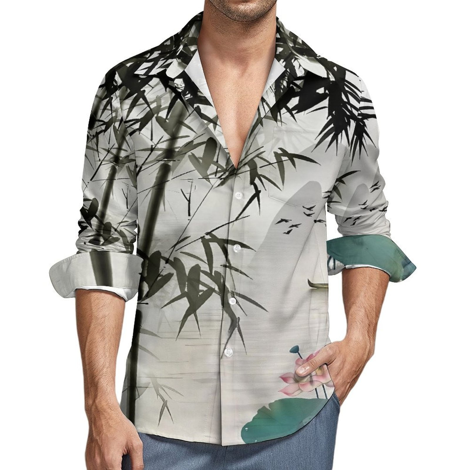 Chinese Ink Painting Bamboo Hawaiian Shirt for Men Long Sleeve Button ...