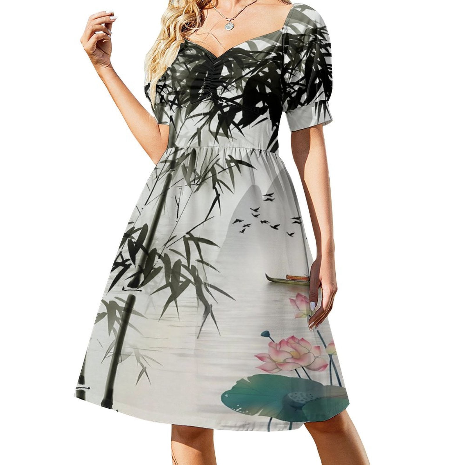 Chinese Ink Painting Bamboo Short Sleeve Dress Clothes Women's Summer ...