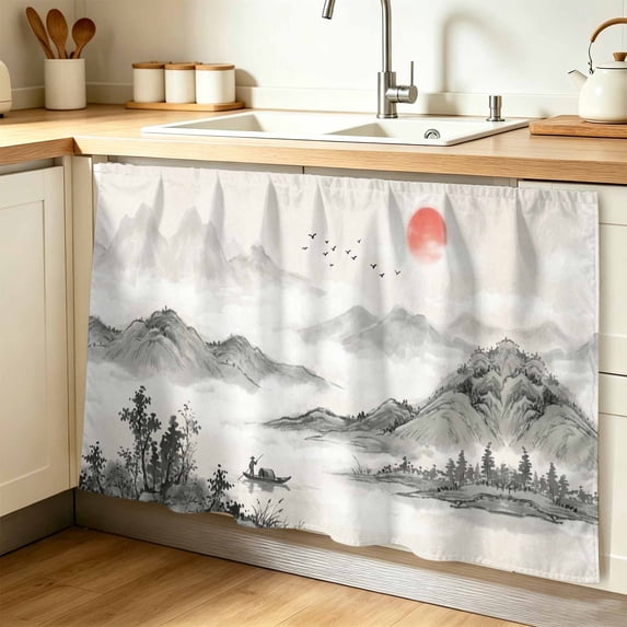 Chinese Ink Painting Cabinet Curtains for Shelves, Mountain Red Sun ...