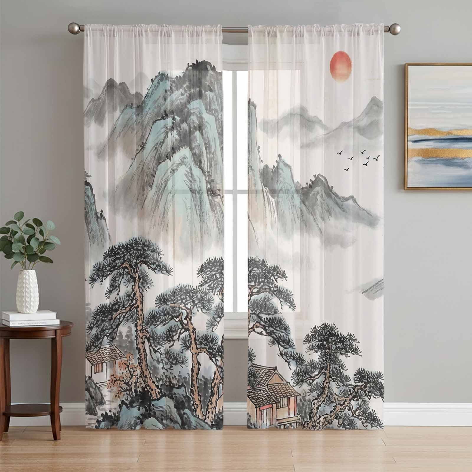 Chinese Ink Painting Sheer Curtains 63 Inch Length 2 Panels Set ...