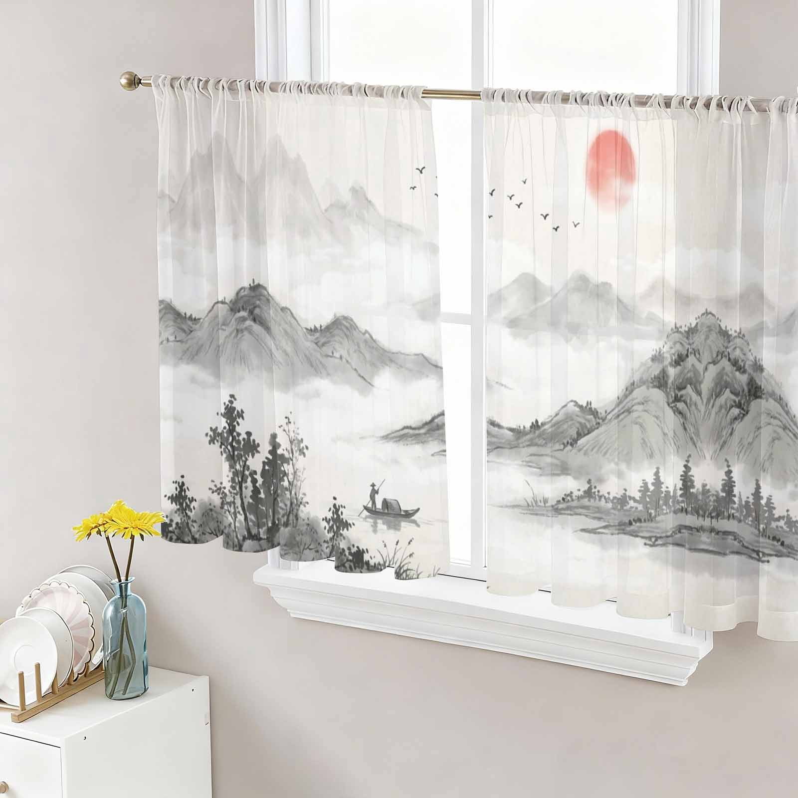 Chinese Ink Painting Sheer Curtains for Living Room Bedroom Mountain ...