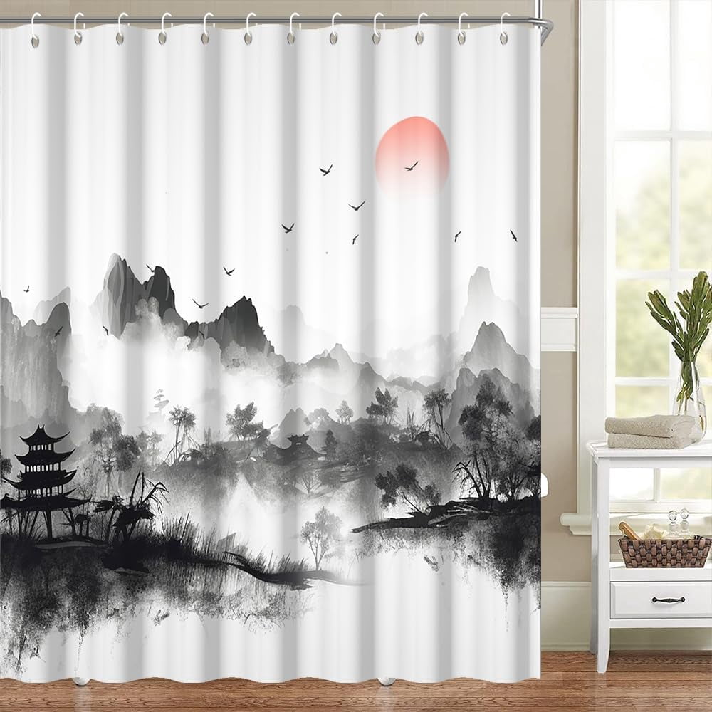 Chinese Ink Painting Shower Curtain Watercolor Black Mountain Pavilion ...