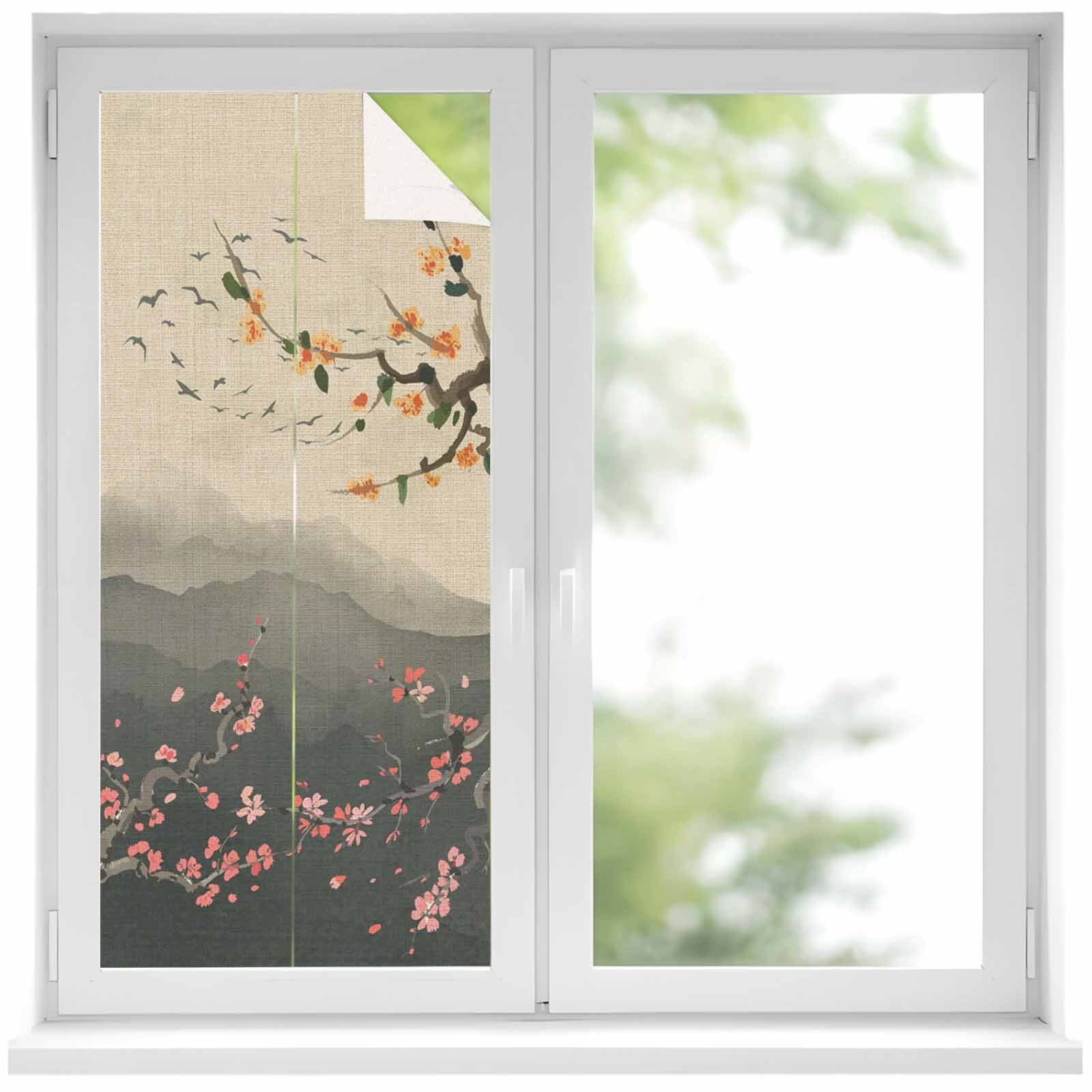 Chinese Ink Painting Window Privacy Film, Pink Peach Blossom Branches ...