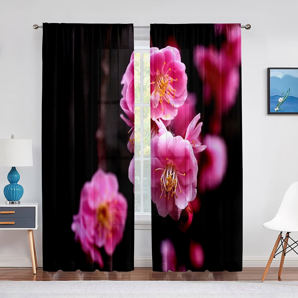 Chinese Ink Plum Blossom Branch Motif Sheer Voile Curtains for Living ...