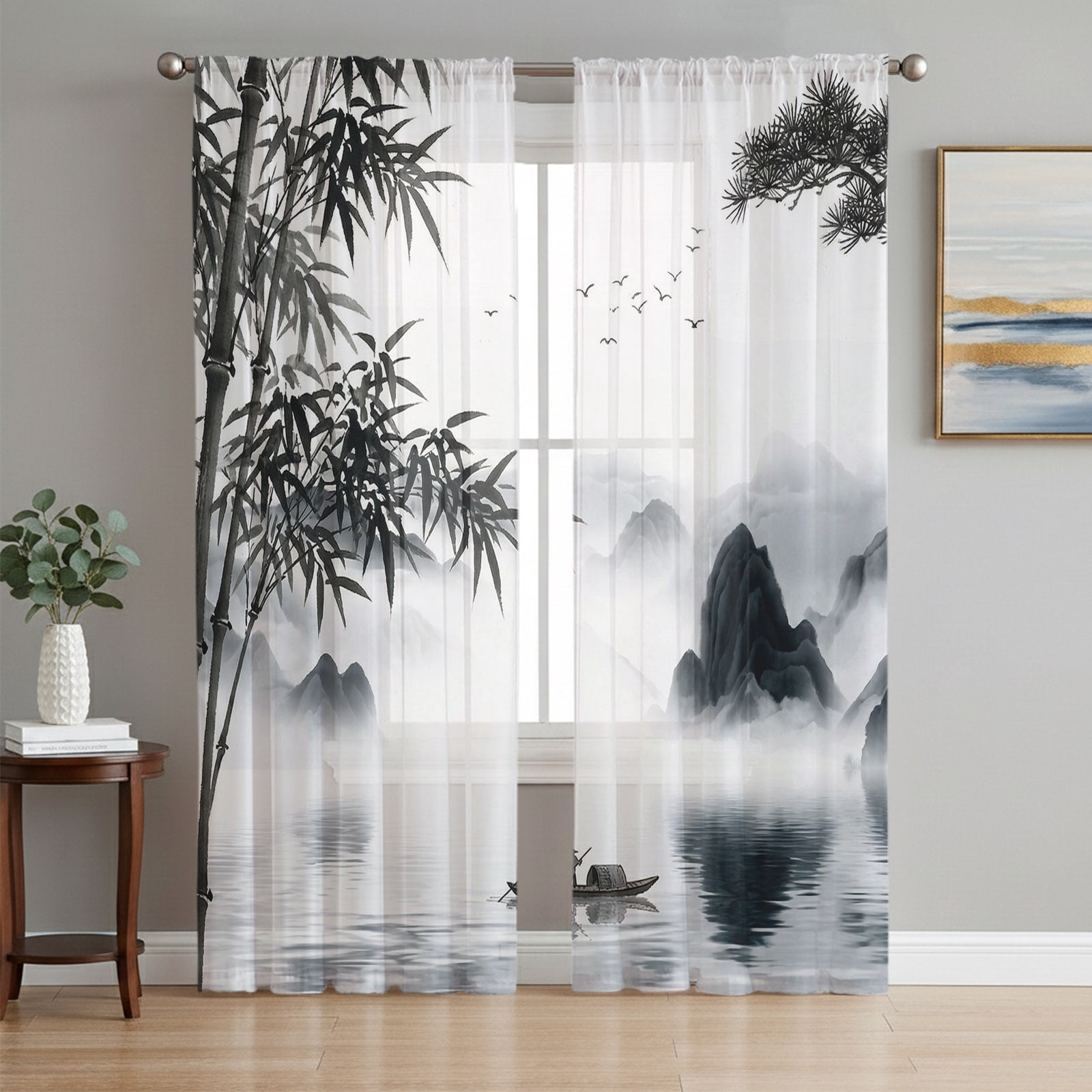 Chinese Ink Sheer Curtains for Living Room Bedroom Art Painting ...
