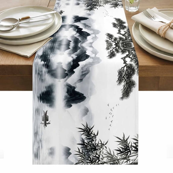 Chinese Ink Table Runner Art Painting Mountain Lake Landscape ...