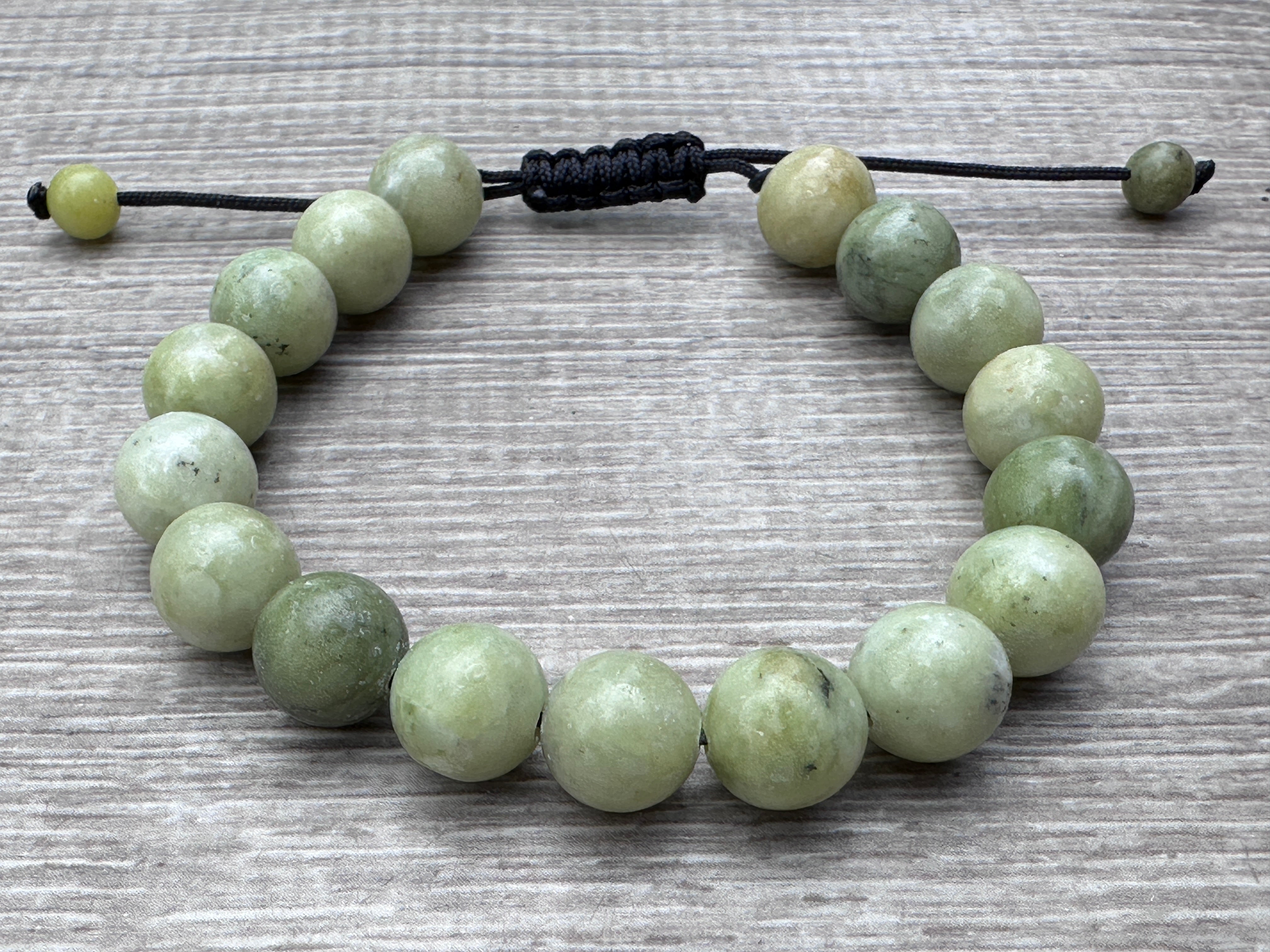 Chinese Jade Gemstone Round Bead Adjustable Bracelet 10mm, Genuine ...