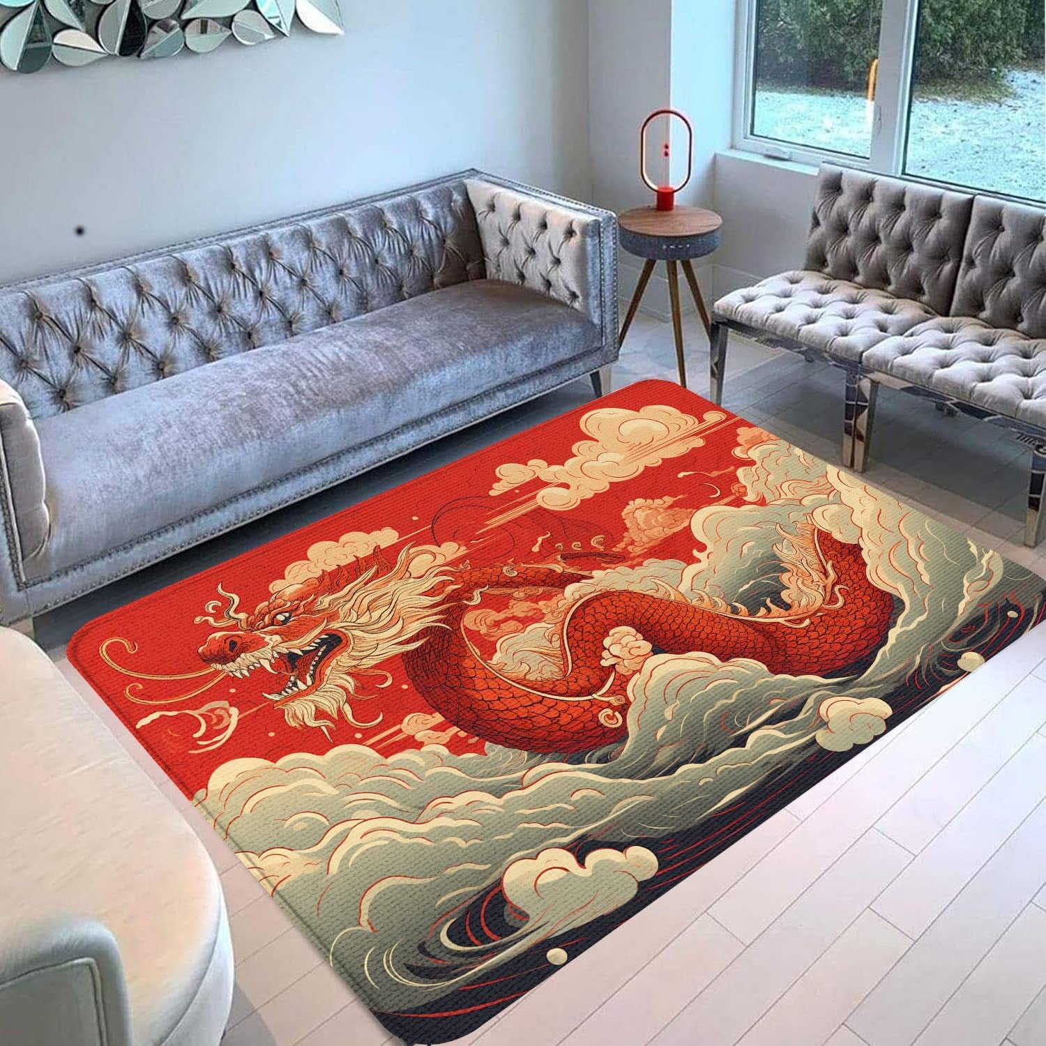 Chinese Japanese Red Dragon Area Rug Rectangle Area Rug, Soft Rug for ...