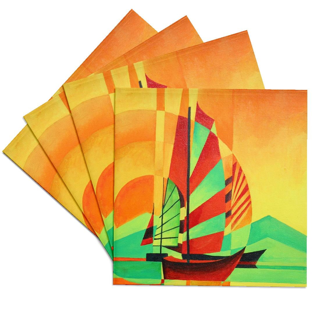 3drose, Chinese Junks Sail to Shore in Cubism Geo Art, Set of 4 Ceramic ...