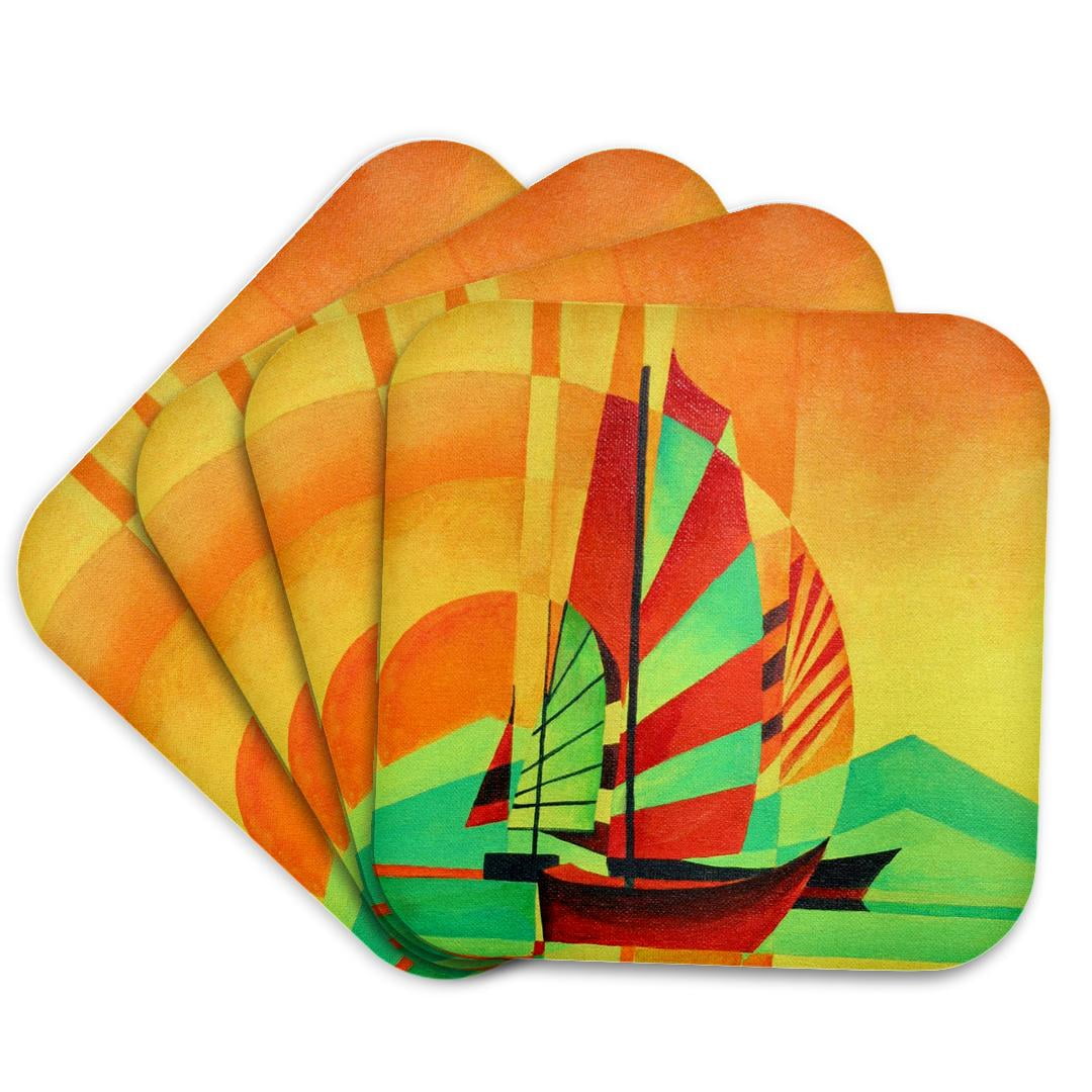 3drose, Chinese Junks Sail to Shore in Cubism Geo Art, Set of 4 ...