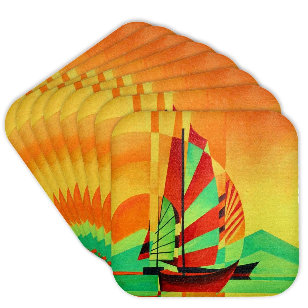 Chinese Junks Sail To Shore In Cubism Geo Art, set of 8 Coasters - Soft ...
