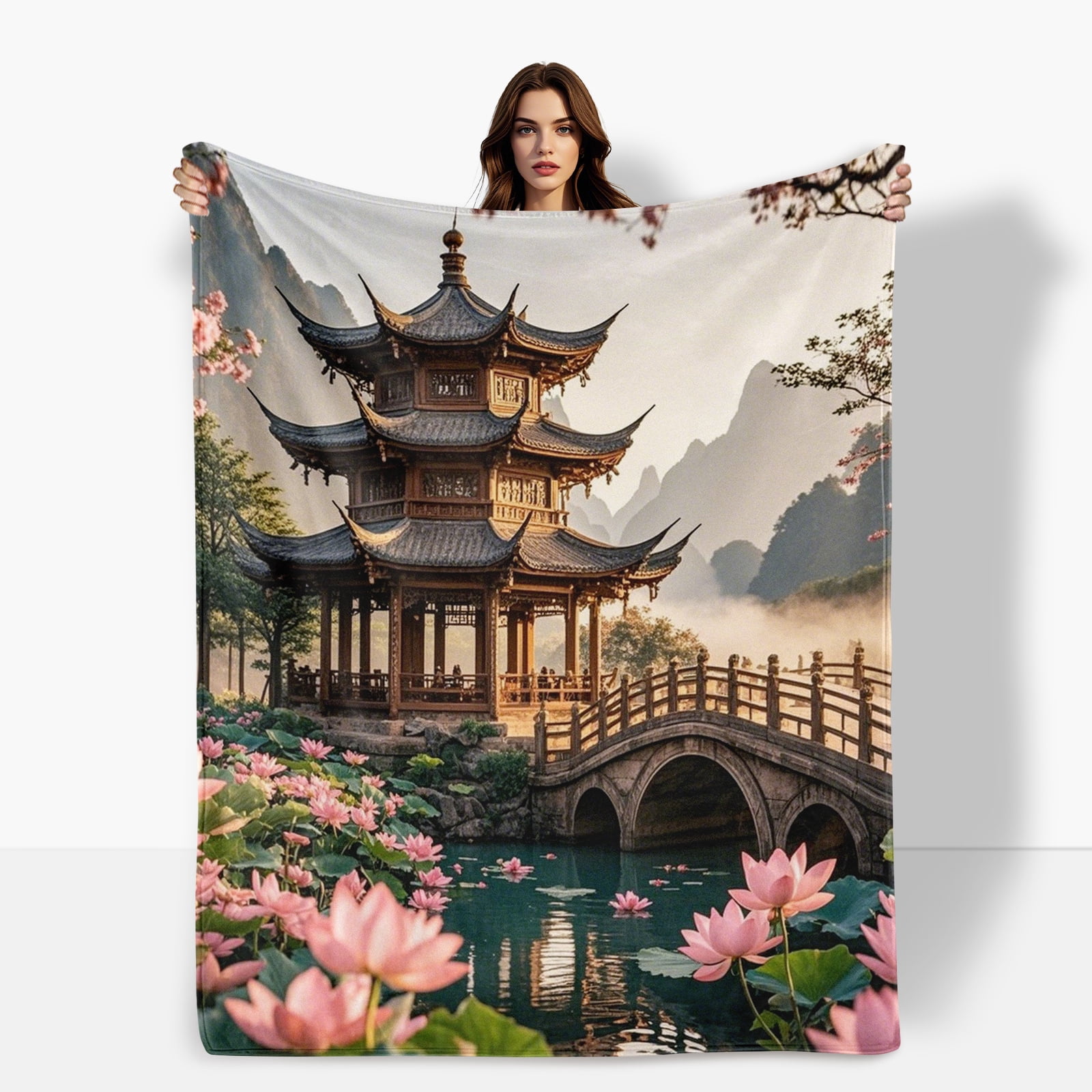 Chinese Landscape Art Inspired Lotus Pagoda Wall Hanging Cozy Fleece ...