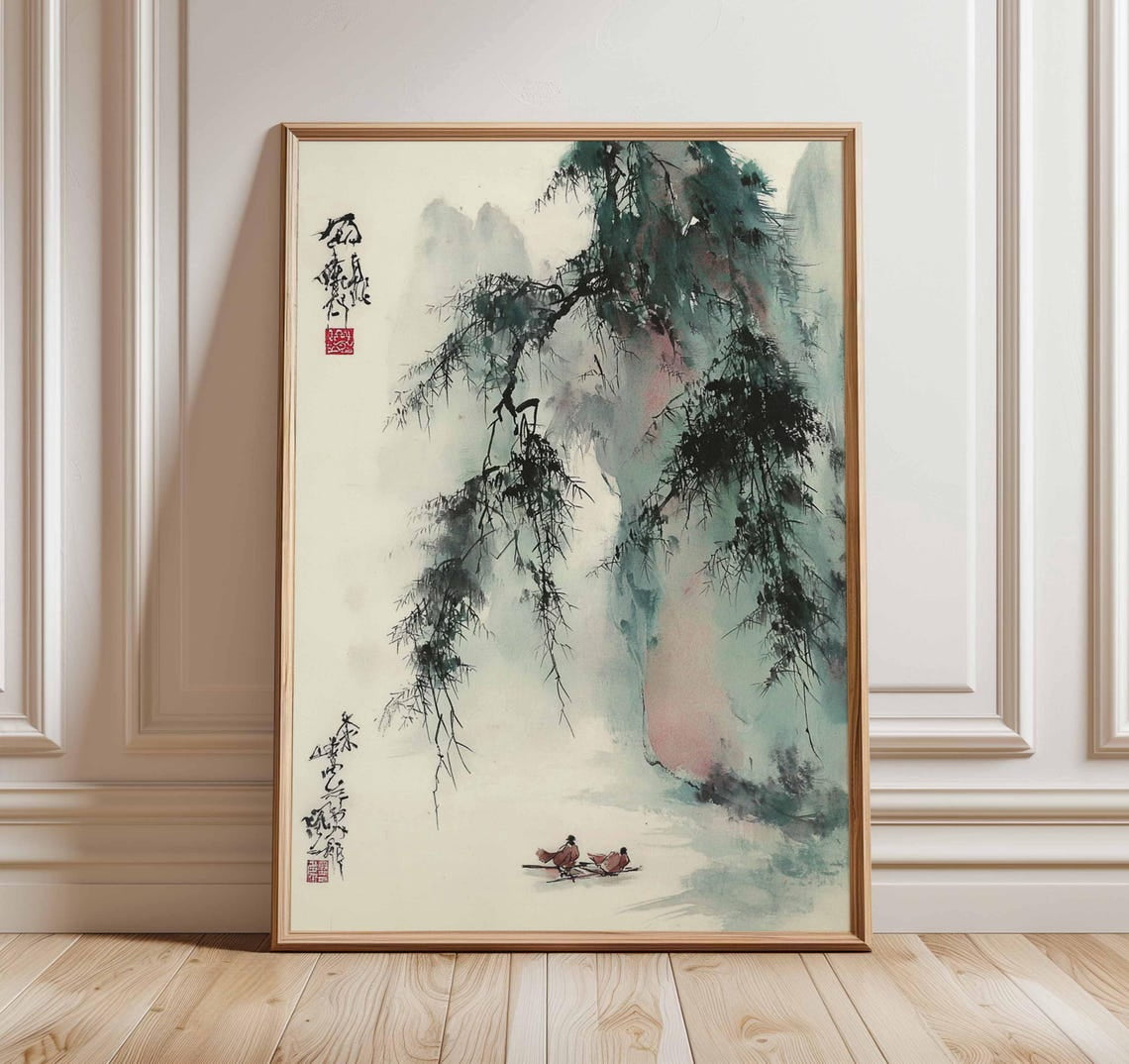Chinese Landscape Asian Ink Minimalist Zen Misty Mountain River Art ...