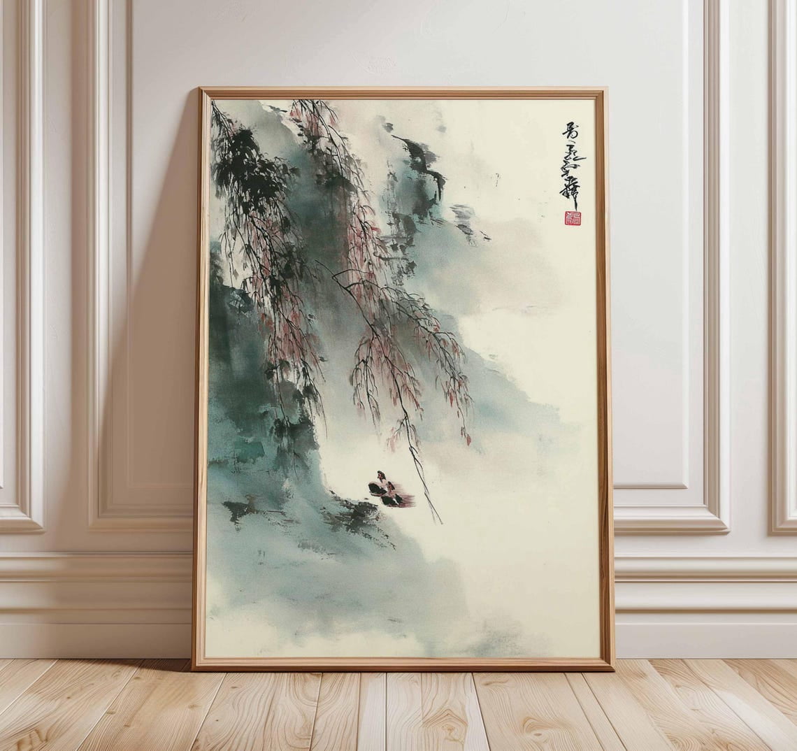 Chinese Landscape Asian Ink Zen Minimalist Misty Mountain River ...