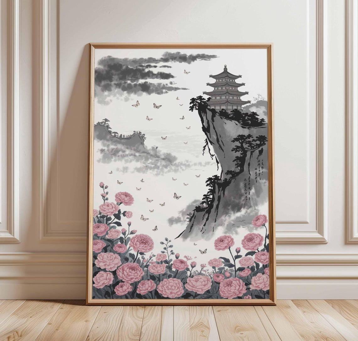 Chinese Landscape Pagoda Cliff Pink Flowers Asian Ink Decor Unframed ...