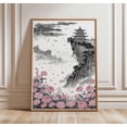 Chinese Landscape Pagoda Cliff Pink Flowers Asian Ink Decor Unframed ...