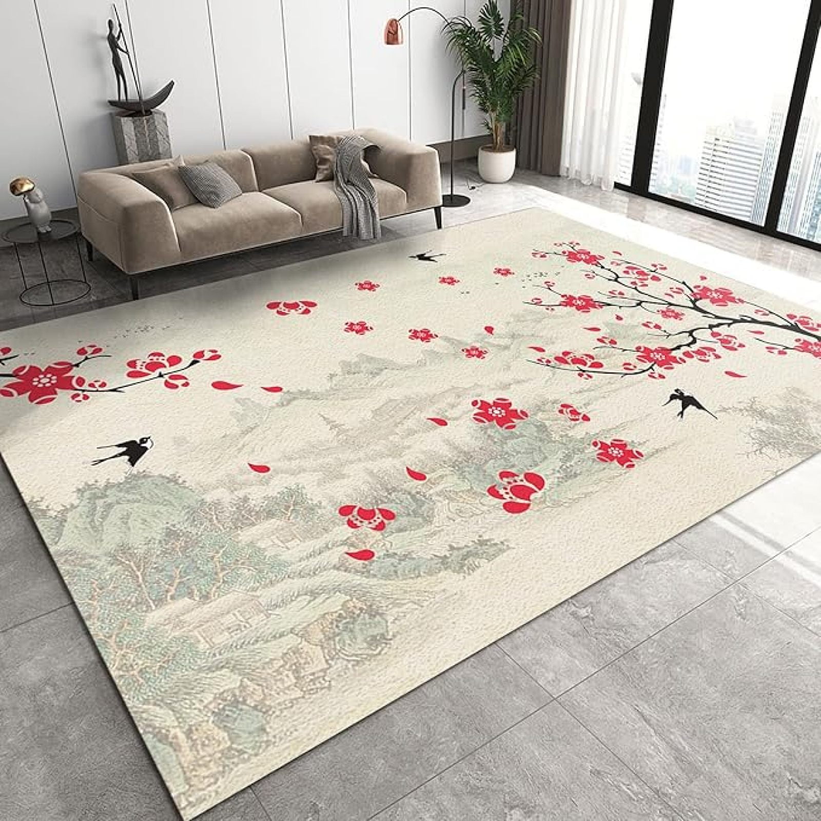 Chinese Landscape Painting Area Rug, Plum Blossom Green Hills Non Slip ...