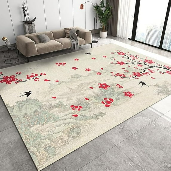 Chinese Landscape Painting Area Rug, Plum Blossom Green Hills Non Slip ...